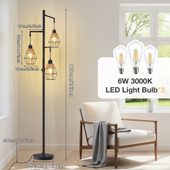 MUPOO Industrieel Vloerlamp Zwart met 3-Lichts - Staande Lamp met 3 ...