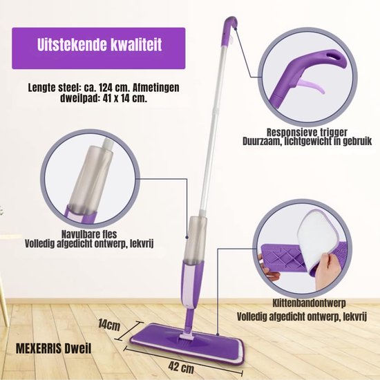 Quvo® Dweil met spray - Dweil - Mop - Paars - ‎15cm x 12cm x 2cm | bol