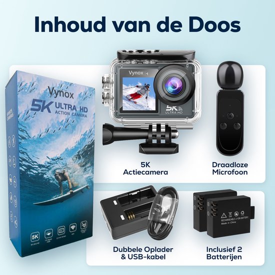 Vynox Action Camera 5K - 50MP / 60FPS / WiFi / 30M Waterdicht ...