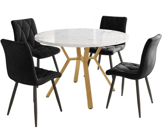 Eetkamerset 5-delig met een ronde eettafel met marmerlook en gouden X ...
