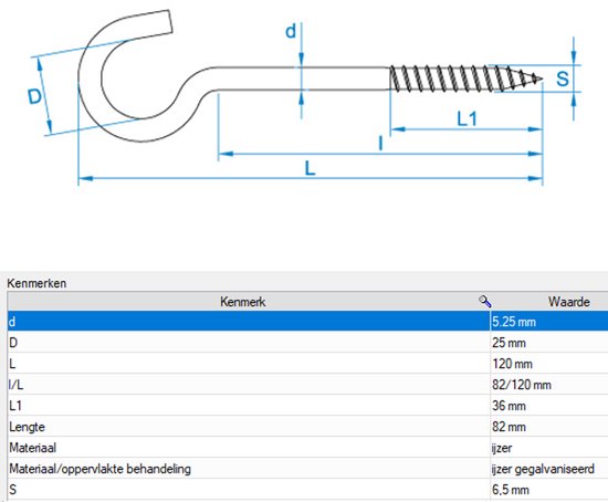 Schroefhaak 5,25 x 82/120 mm – gegalvaniseerd ijzer, per stuk | bol