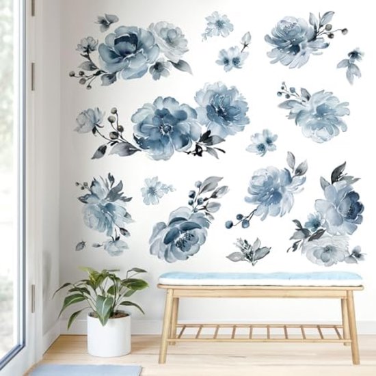 Grote Blauwe Bloem Muurstickers - Aquarel Bloemen Blauw Pioen Stickers ...