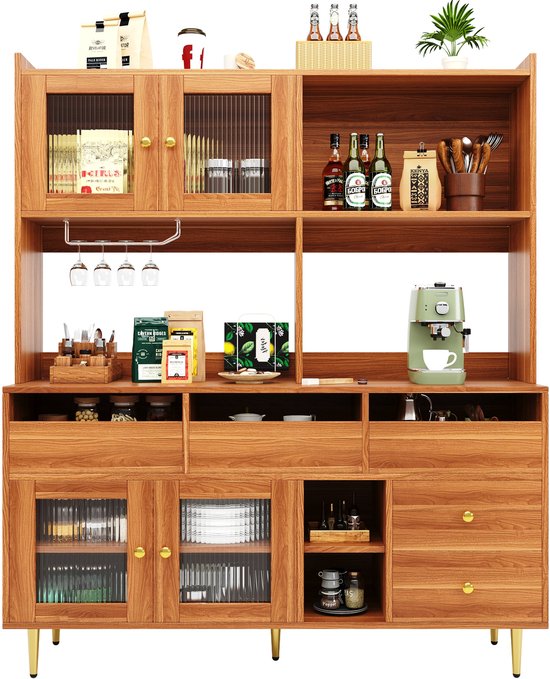 Merax Hoge Buffetkast met Glazen Deuren – Keukenkast 145x39x171 cm ...