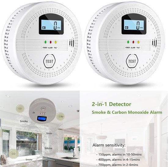 2-pack Rook- En Koolmonoxidemelders, 2-in-1 Koolmonoxide- En ...