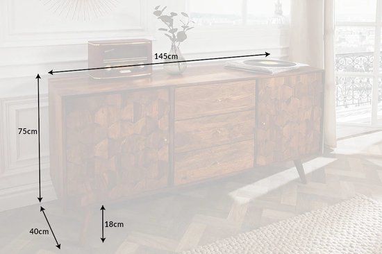 Massief dressoir MYSTIC LIVING 145cm Sheesham naturel 3D-oppervlak ...