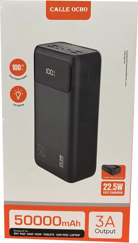 Calle Ocho Powerbank 50000 mAh - Zwart - 5 Port Snellader - 3x USB-A ...