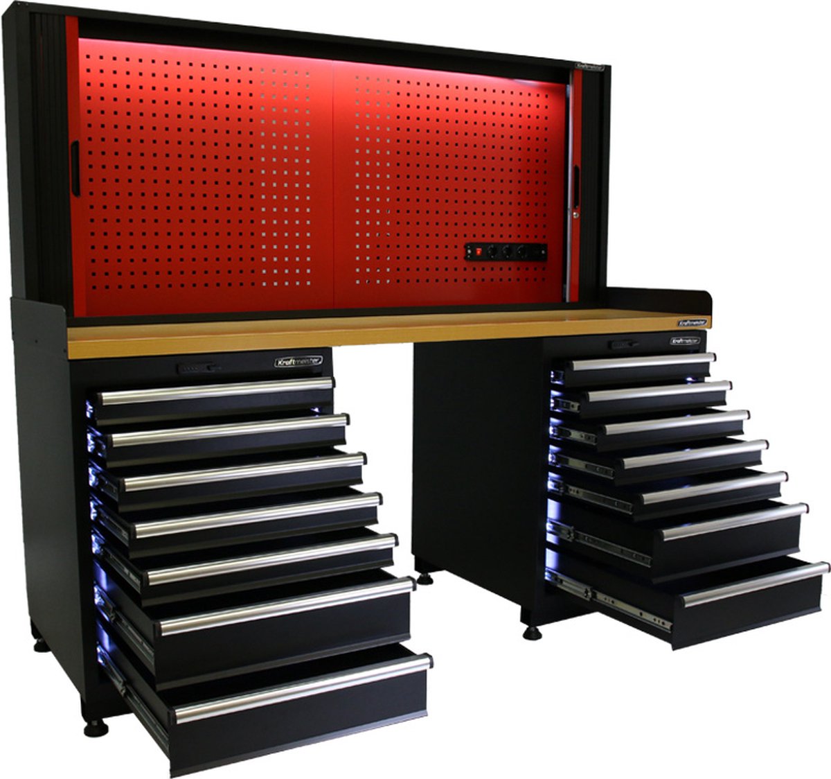 Kraftmeister werkbank 200 cm - Werktafel met gereedschapswand, 14 laden ...