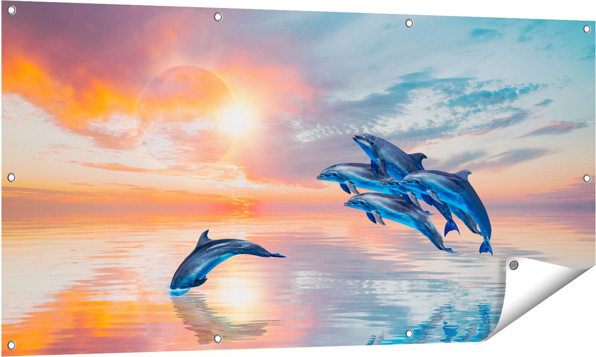 Gards Tuinposter Groep Dolfijnen Springen uit het Water - 140x70 cm ...