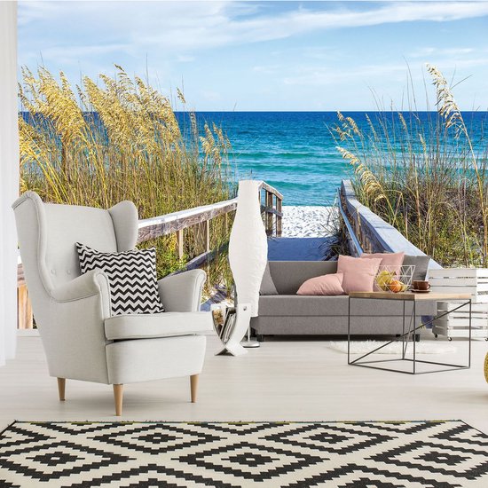 Fotobehang - Vlies Behang - Strandpad langs de Duinen naar Strand en ...