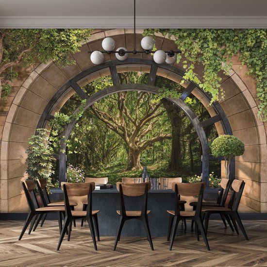 Fotobehang - Vlies Behang - 3D Raamzicht op de Boom in het Bos - 254 x ...