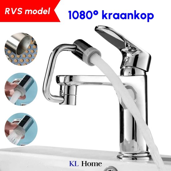 1080° roterende kraan opzetstuk - RVS - 2 straalstanden - Kraan ...