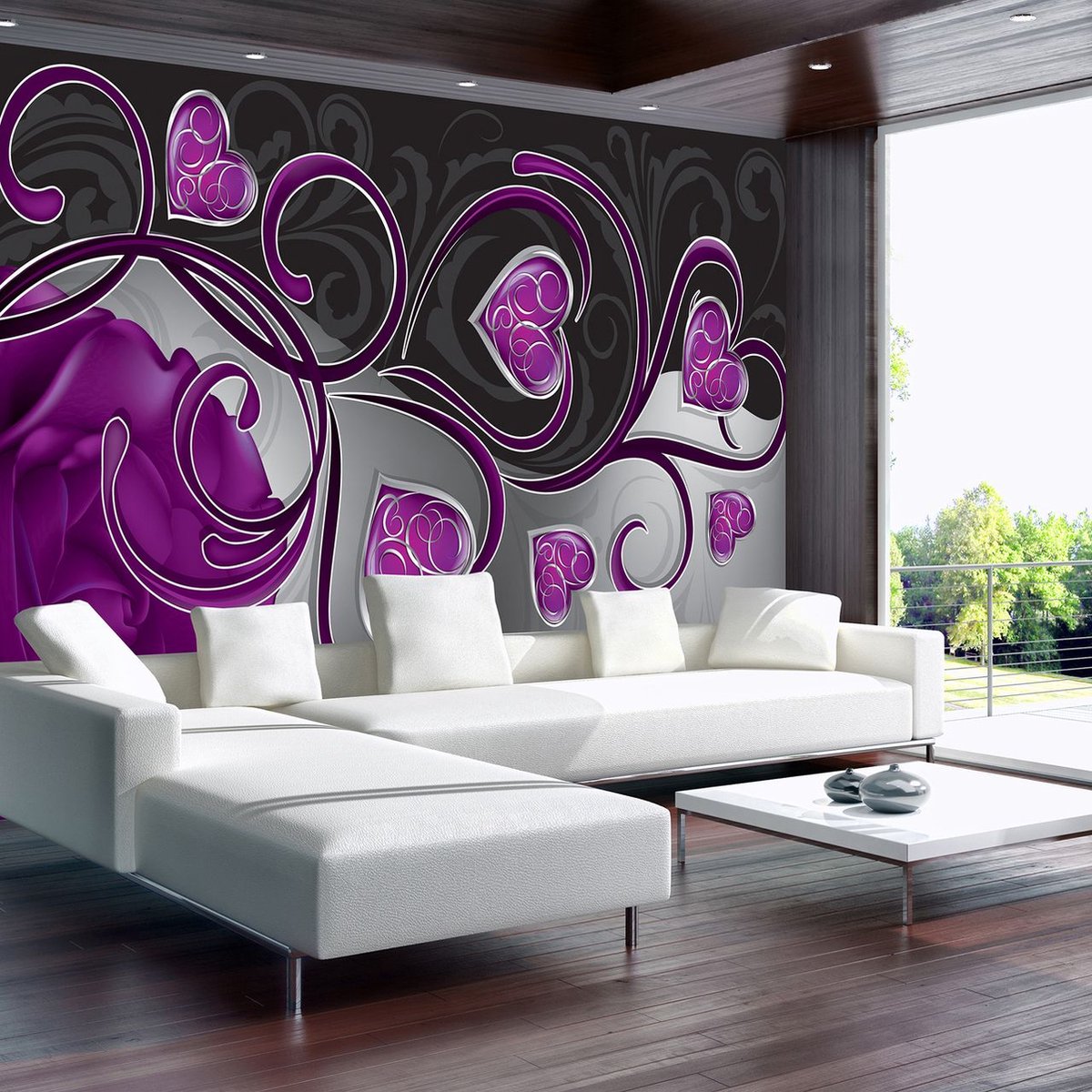 Fotobehang - Vlies Behang - Roos, Hartjes en Paars Patroon - 254 x 184 ...