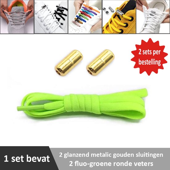 2 paar fluo-groene ronde elastische veters met glanzend metalic gouden ...