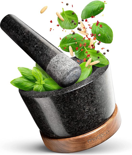 Vijzel met stamper graniet op houten sokkel walnoot 14,5 cm perfect ...