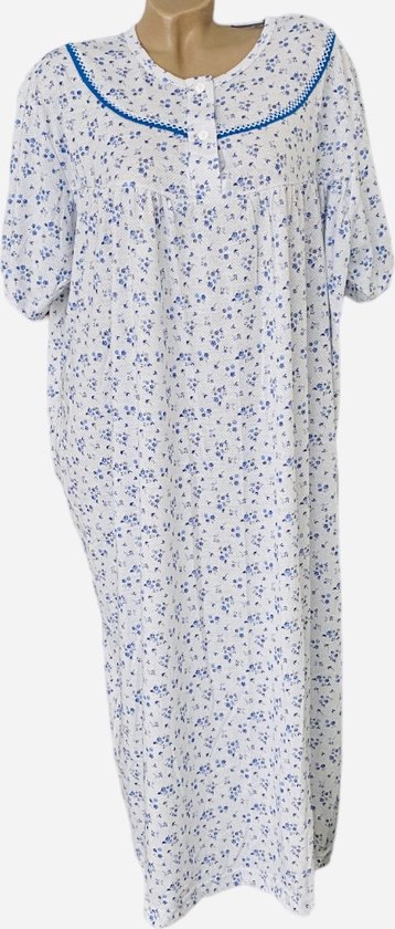 Dames Katoenen Nachthemd 120cm Grote Maten 2604 Bloemenprint 4xl Wit