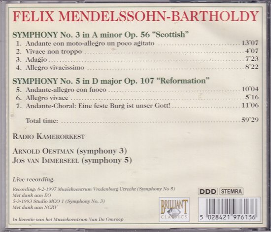 Symphonies no. 3 and 5 - Felix Mendelssohn-Bartholdy - Radio Kamerorkest o.l.v. Arnold... | bol