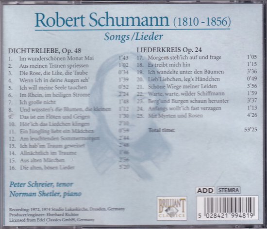 Dichterliebe Op. 48, Liederkreis Op. 24 - Robert Schumann - Peter ...