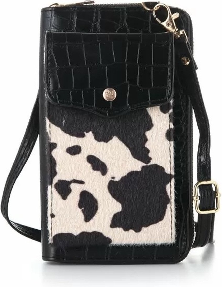 Ruime portemonnee/mini tasje met croco & koe print, zwart | bol.com