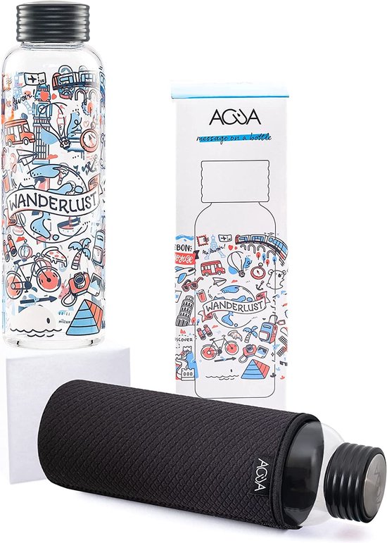 Glazen fles 750 ml met uniek design Waterfles met gratis beschermhoes ...