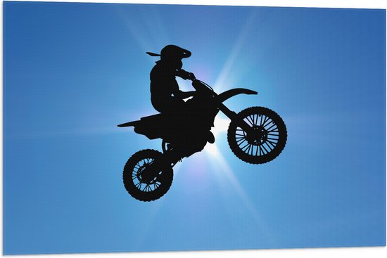 Vlag - Silhouet van Motorcrosser Hoog in de Blauwe Lucht - 90x60 cm ...