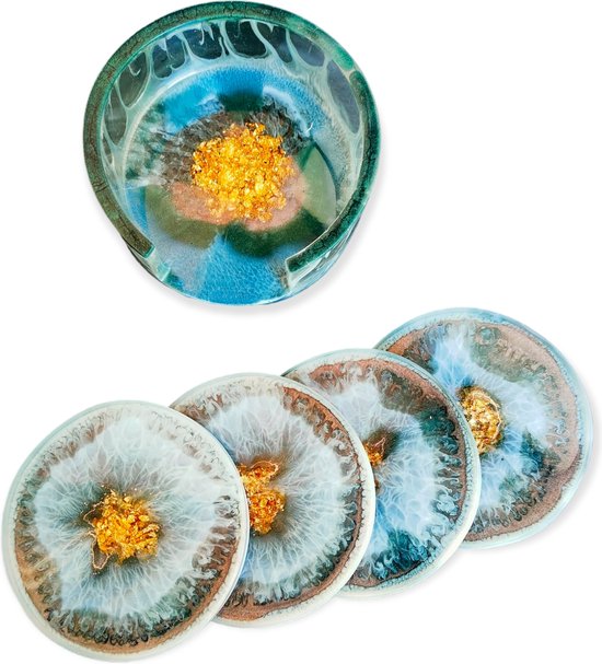 Resin Art JR: Onderzetter set / Set van 4 onderzetters met houder | bol