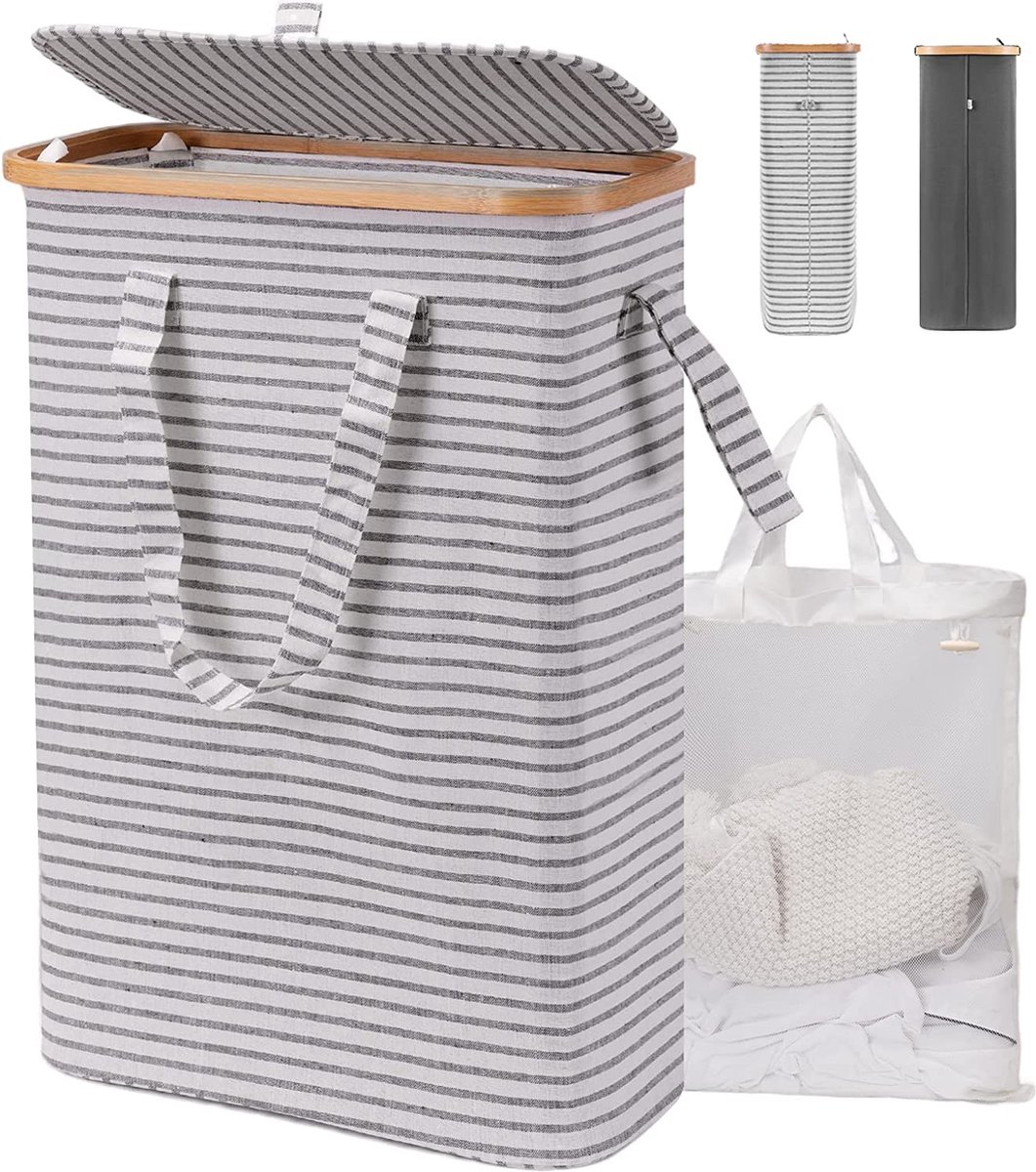 Wasmand smal met deksel, 52 liter, smal met waszak, opvouwbare wasmand van bamboe met... | bol.com