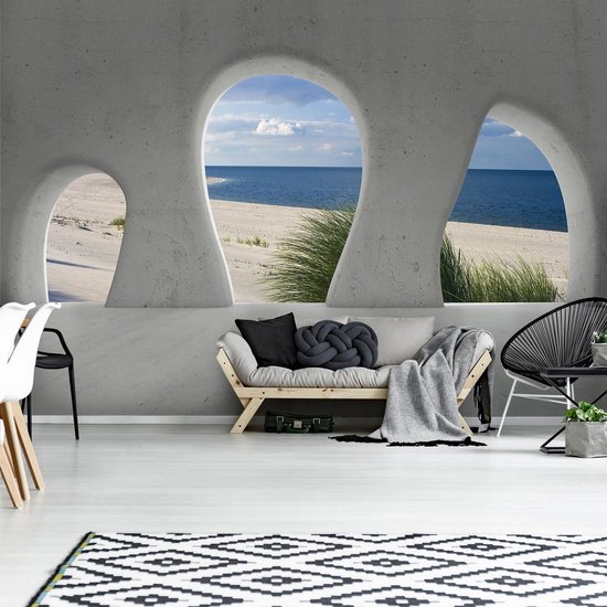 Fotobehang - Vlies Behang - 3D Strand en Zee door de Betonnen Ramen ...