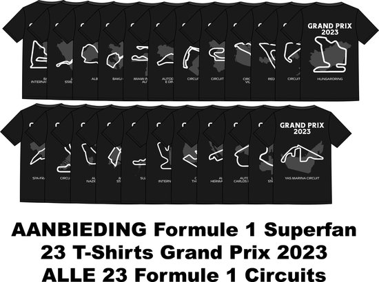 AANBIEDING Superfan Set Grand Prix 2023 - 23 T Shirts Formule 1 Racing ...