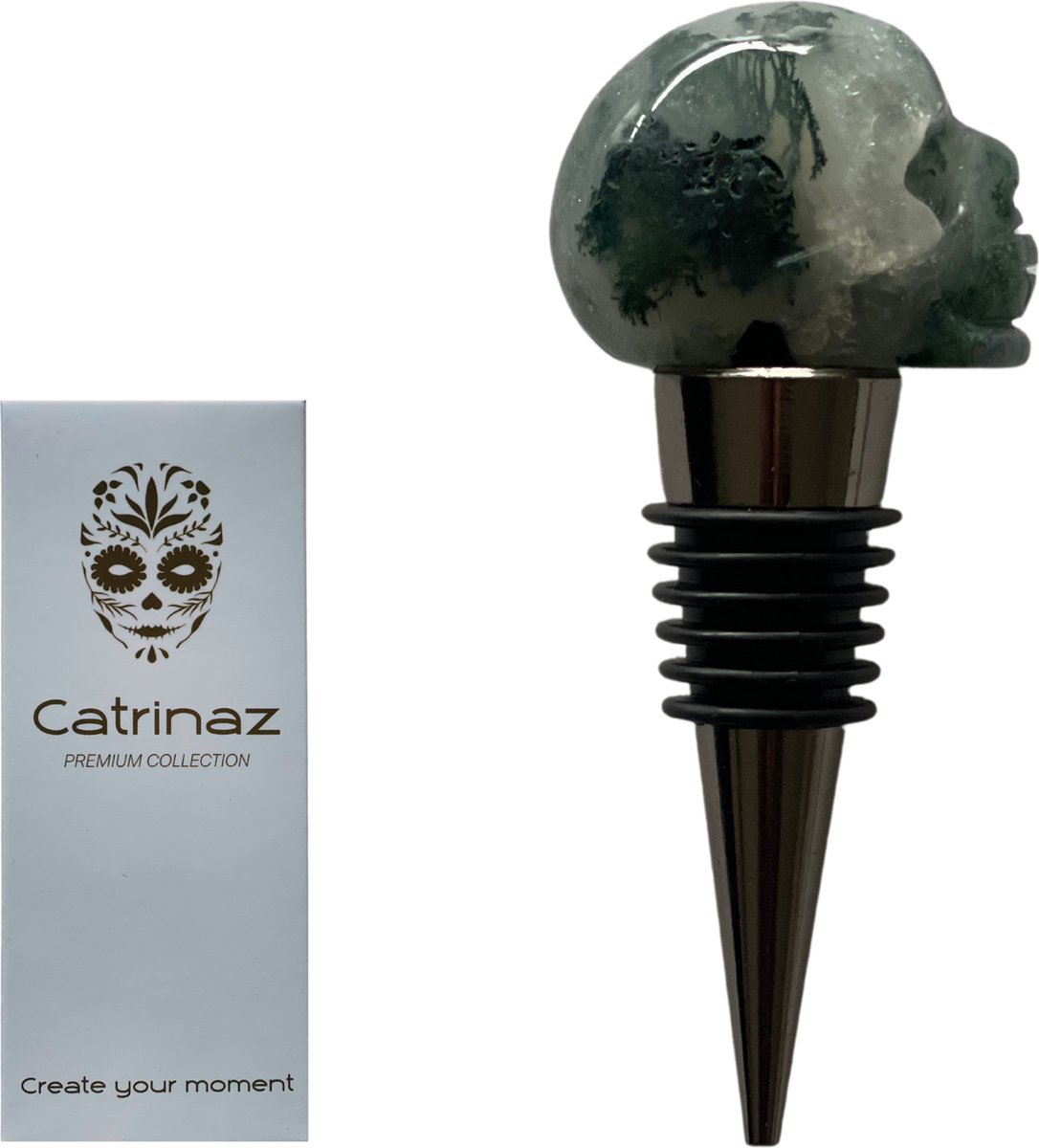 Catrinaz® - Premium flessenstop met doodshoofd - Moss agate natuursteen ...