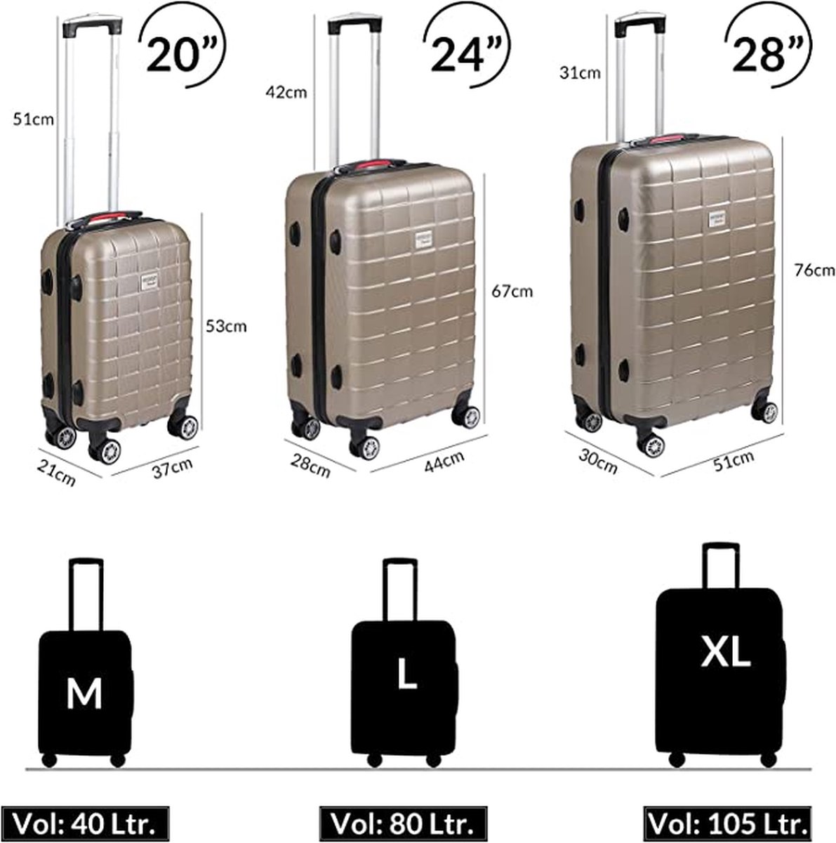 Trendzfactory Reiskofferset Set van 3 //Champagne M/L/XL TSA slot Gel ...