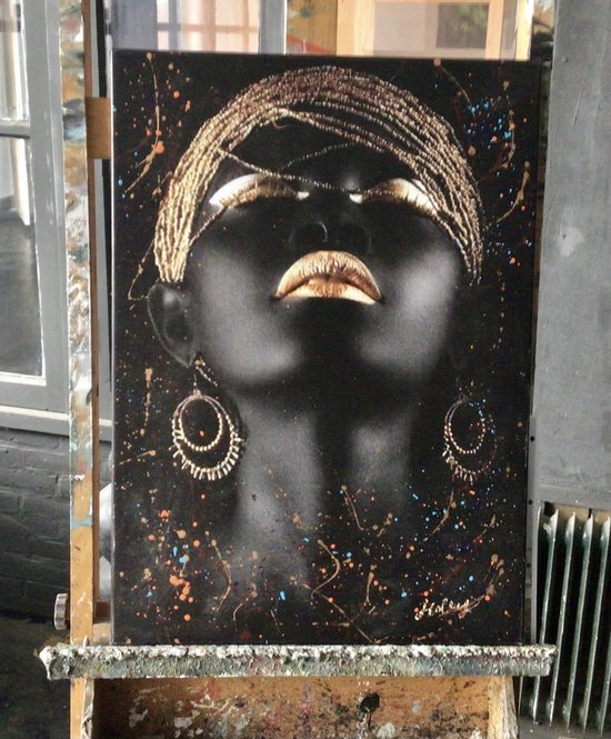 Schilderij Afrikaanse vrouw- Katoenen canvasdoek op houten frame-70x50cm- Gemengde... | bol