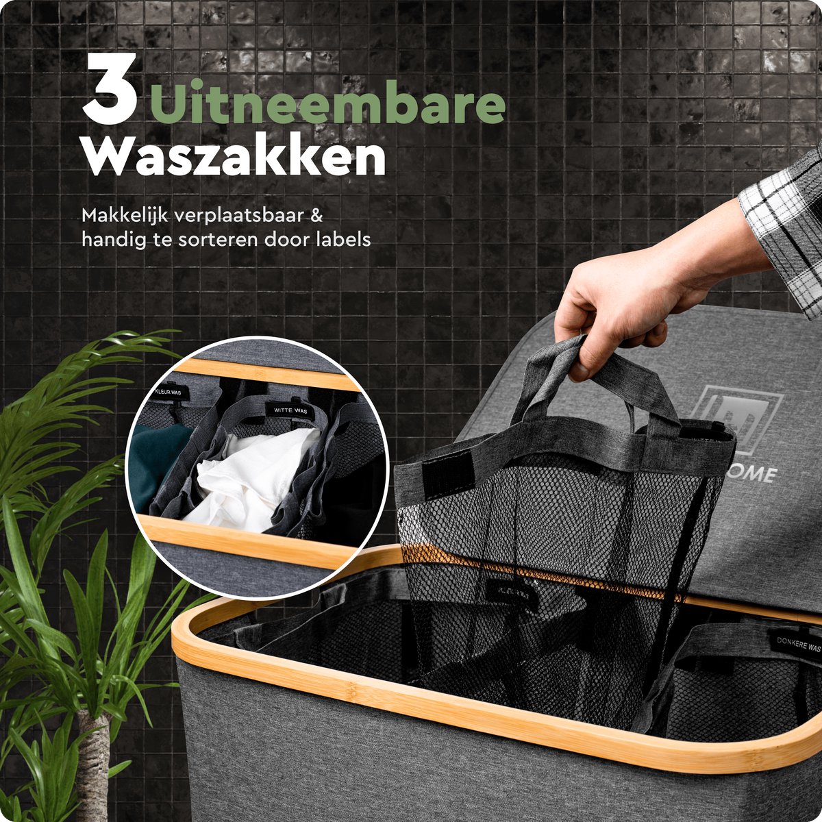 Wassorteerder - Wasmand - Met uitneembare waszakken - Wasmand 3 vakken ...