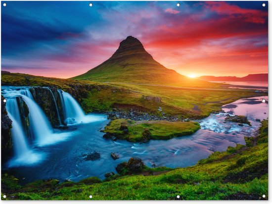 Muurdecoratie buiten Waterval - Berg - Mos - Zonsondergang - Natuur ...