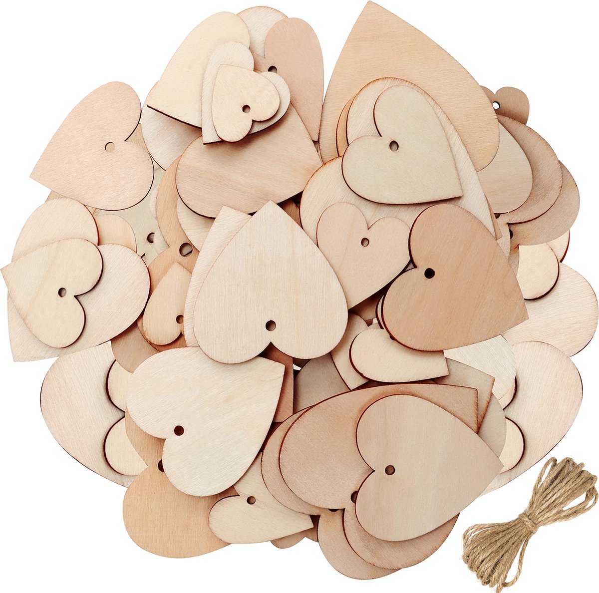 Belle Vous 100 Pak Houten Harten met 10m Natuurlijk Touw – 5 ...