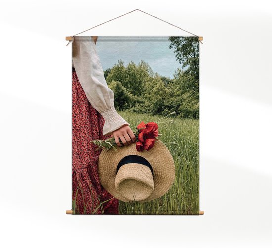 Textielposter Vrouw Met Rode Roos XXL (165 X 120 CM) - Wandkleed - Wanddoek -... | bol