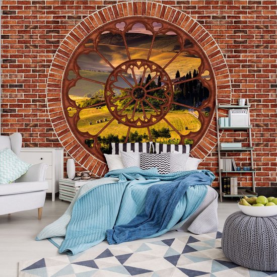 Fotobehang - Vlies Behang - 3D Uitzicht op Toscane door Rond Raam - 254 ...