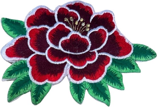 Pioen Roos Strijk Embleem Patch 12 cm / 8 cm / Bordeaux Rood Groen Wit ...