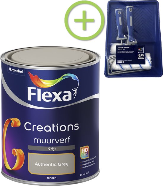 Flexa Creations - Muurverf Krijt - Authentic Grey - 1 liter + Flexa muurverf roller -... | bol.com