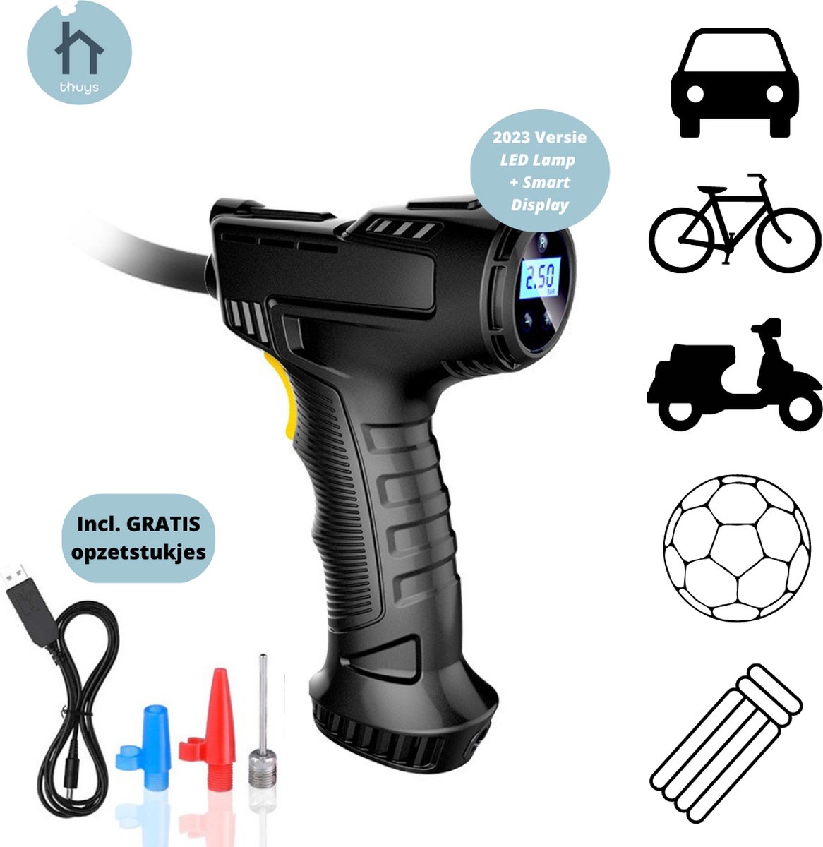 Thuys - Draagbare Compressor Bandenpomp - Elektrische Pomp - Luchtcompressor - Fiets,... | bol.com