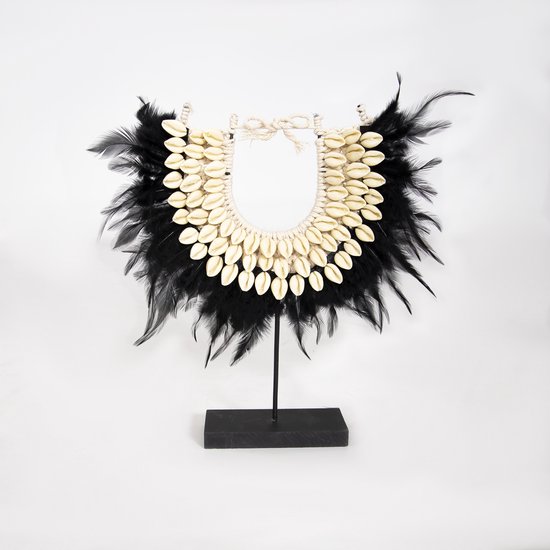 Ornament op Voet voor Binnen - 35cm - Zwart - Schelpen ketting op Voet met Veren -... | bol