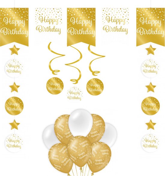 Feestpakket Verjaardag Versiering Happy Birthday! - Goud - Wit - 14 ...