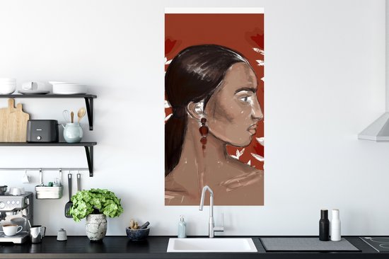 Poster Portret - Vrouw - Rood - Bloemen - 60x120 cm | bol