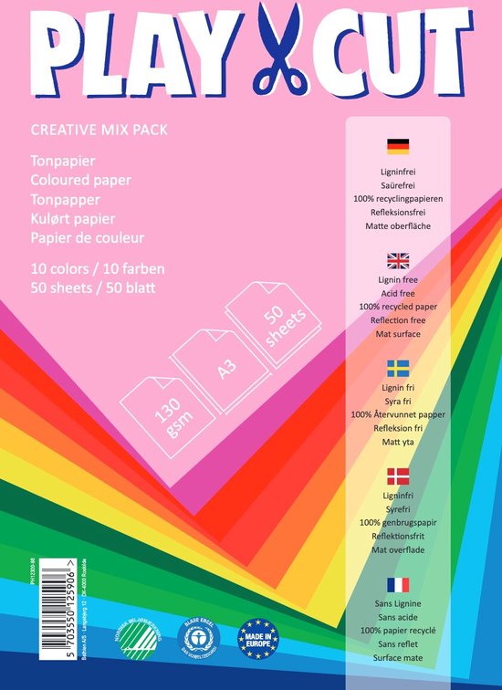 Play-Cut - Gekleurd papier A4 - Gerecycleerd - 130g/m2 - 50 vellen ...