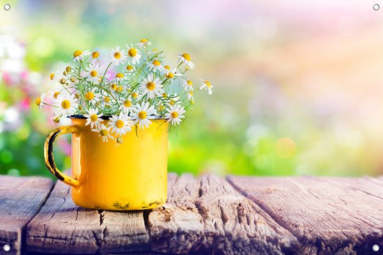 Tuinposter - Madeliefjes in gele mok - omgezoomde rand - 120x80cm | bol.com