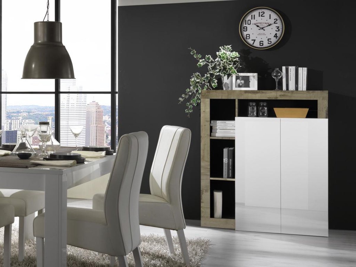 Hoge buffetkast SEFRO - 2 deuren en 4 nissen - Wit gelakt en eiken L ...