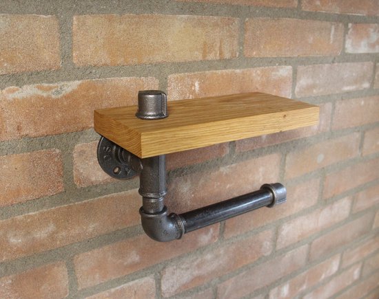 Industriële Toiletrolhouder met plankje - Handgemaakt - Eiken ...