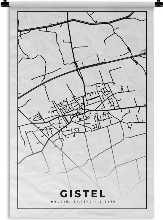 Wandkleed - Wanddoek - Plattegrond – Gistel – Zwart Wit – Stadskaart ...