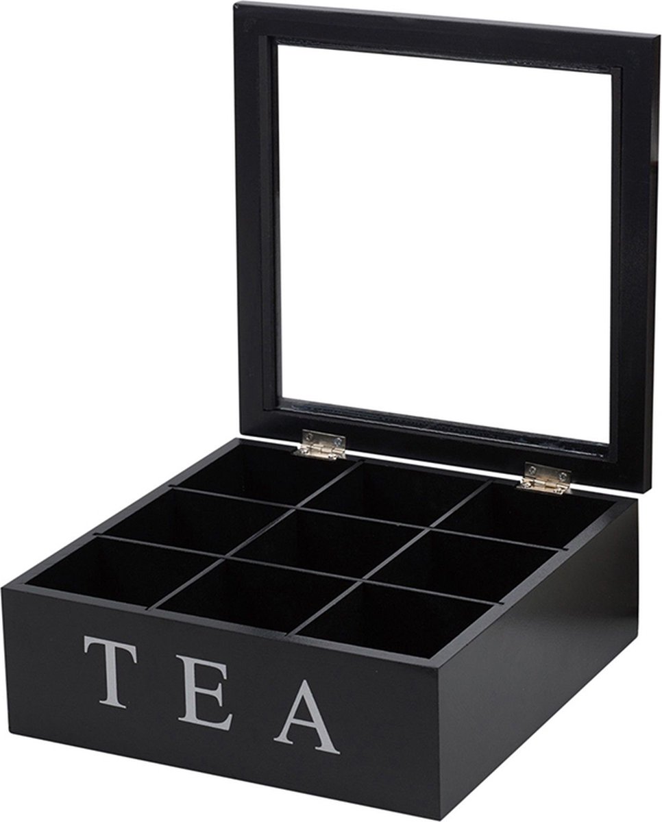 Theedoos - Zwarte houten theedoos 9-vaks 23 cm - Theedozen/theekisten ...