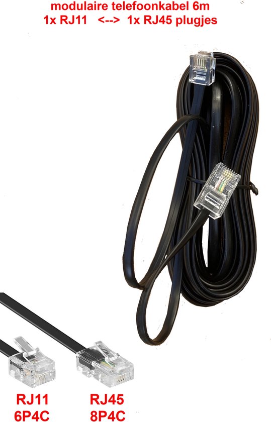 TELEFOONKABEL - 6m – soepel - met 1x modulaire RJ11-connector en 1x ...