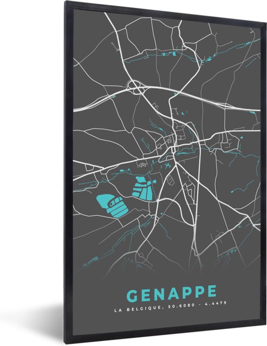 Fotolijst incl. Poster - België – Genappe – Stadskaart – Kaart – Blauw ...